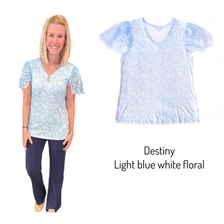 Destiny Lace Sleeve Top - Baby Blue Floral – LulaRoe Leslye and Kim