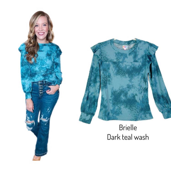 Brielle Ruffle Shoulder Top - Teal Marble – LulaRoe Leslye and Kim
